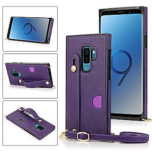 ONV Protective Case Compatible with Samsung Galaxy S9 Plus- Adjustable Crossbody Lanyard + Wrist Cash Pocket Wallet Leather Case Card Slot Stand Metal Close Cover for Samsung Galaxy S9 Plus[WD]-Violet
