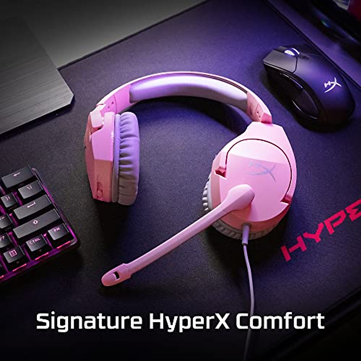 HyperX Cloud Stinger – Gaming Headset, Memory Foam, Soft Leatherette, Durable Steel Sliders, Swivel-to-mute Noise-Cancelling Microphone, Works on PC, PS4, PS5, Xbox and Mobile – Pink