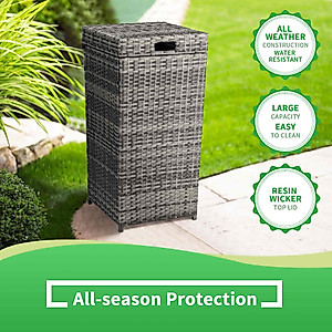 KEPOOMAN Outdoor Rattan Trash Can,Retro Wicker Trash Can with Steel Frame and Removable Lid,Large Garbage Bin for Backyard and Patio,Gray