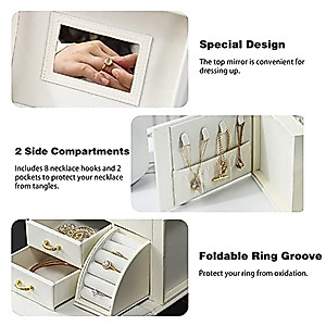 DREAM&GLAMOUR Jewelry Boxes for Women,3 Layer PU Leather Jewelry Organizer Box with Mirror and Lock.Medium Sized Portable Travel Jewelry case for Earrings Bracelets Rings Necklace-Milk White