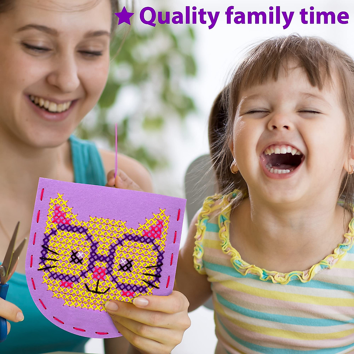 KRAFUN Beginner My First Cross Stitch Kit for Kids Arts & Crafts, 6 Easy Projects of Felt Keyring, Bag, Pillow Craft, Instructions, Gift for Girls and Boys, Learn DIY Crafting, Embroidery