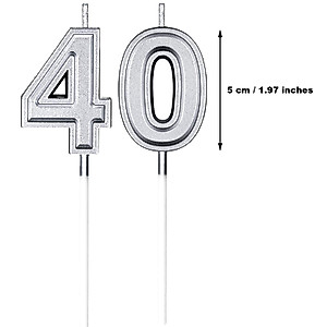 40th Birthday Candles, Number 40 Candles, Happy Birthday Cake Topper Numeral Candles Decoration for Men Women Birthday Party Wedding Decoration Anniversary Celebration Supplies Theme Party (Silver)