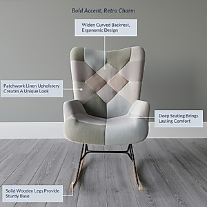 BELLEZE Colorful Patchwork Rocking Chair, Widen Nursery Rocking Chairs Comfy Linen Upholstered Glider Rocker with Solid Wood Legs for Living Room Bedroom Nursery - Paramount (Patchwork A)