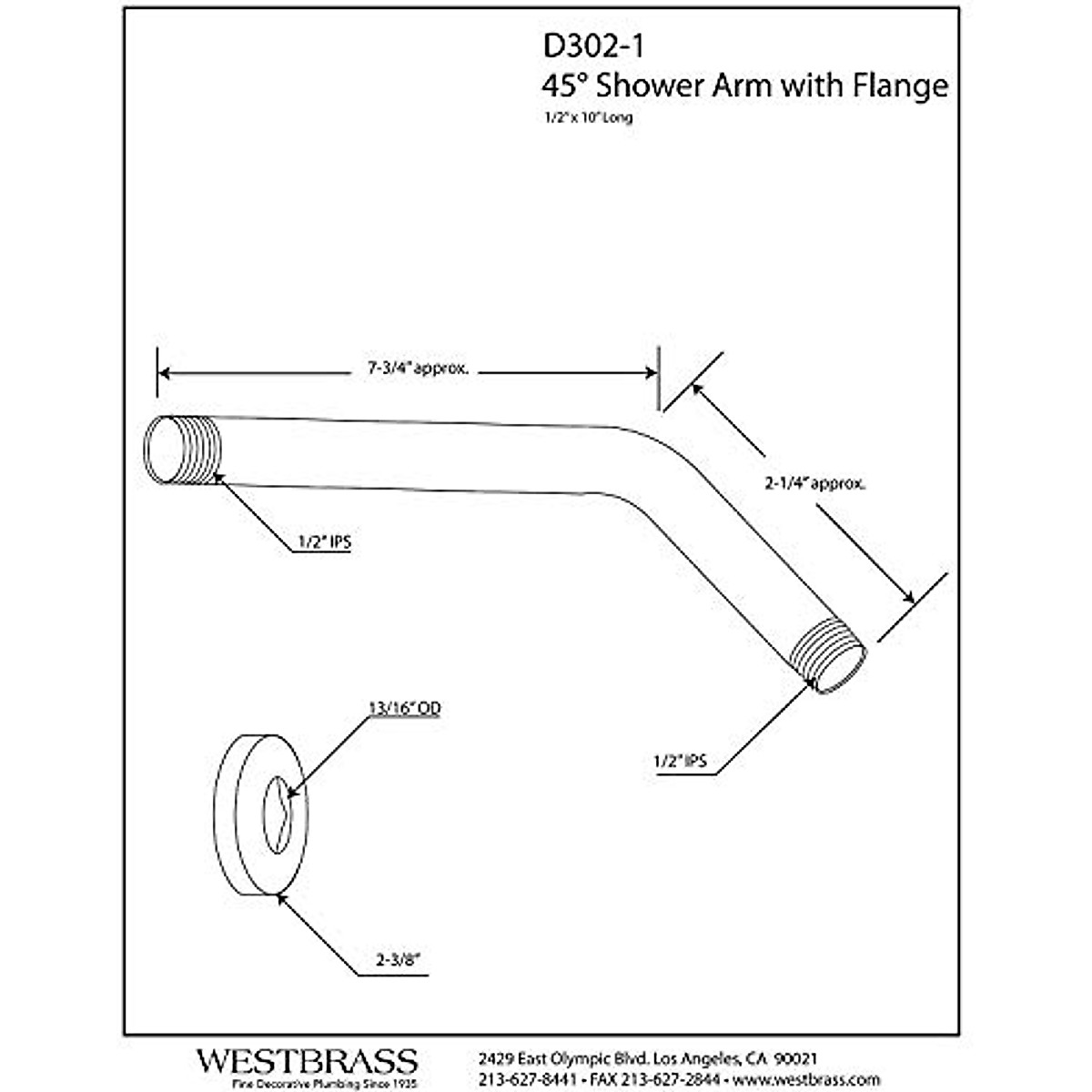 Westbrass D302-1-07 1/2" IPS x 10" Wall Mount Shower Arm with Sure Grip Flange, 1-Pack, Satin Nickel