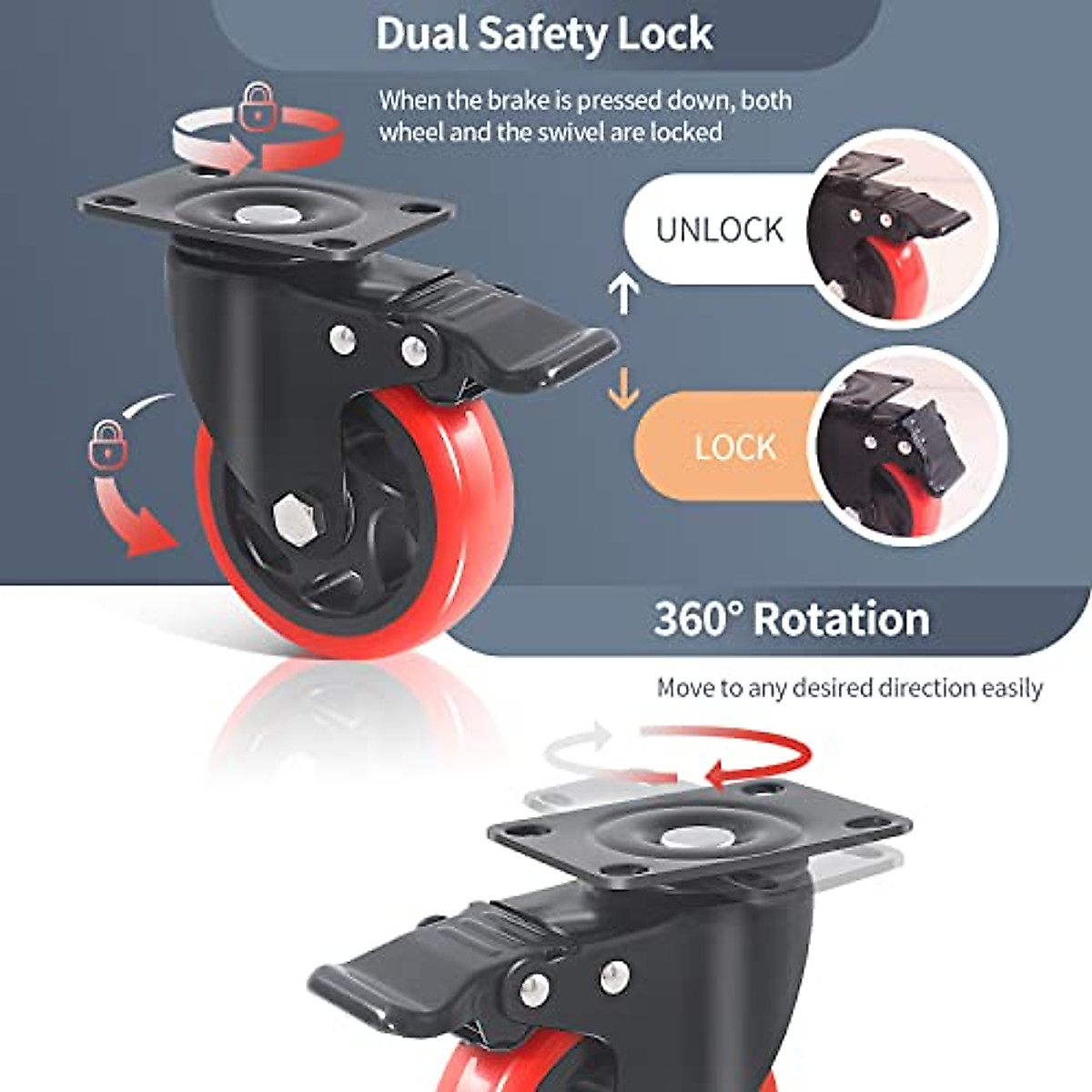 Casters,4 Inch Caster Wheels, Casters Set of 4 Heavy Duty,Red Polyurethane Castors, Safety Dual Locking casters with Brake, Swivel Wheels Industrial Casters for Furniture and Workbench