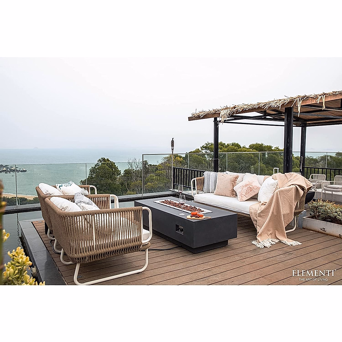 Elementi Granville Gas Fire Pit Cast Concrete Fire Table, Outdoor Fire Pit Electronic Ignition | Canvas Cover, Lava Rock Included | Free AMS Wind Guard & Table-top Firepit | Dark Gray (Natural Gas)