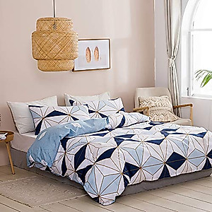 Diamond Comforter CovertwinWhite Teal Blue Geometric Triangle Duvet Cover Men Adults Lines Soft Luxury Modern Decorative Kids Check Bedding Set for Girls Women Breathable Gold Stripe Quilt
