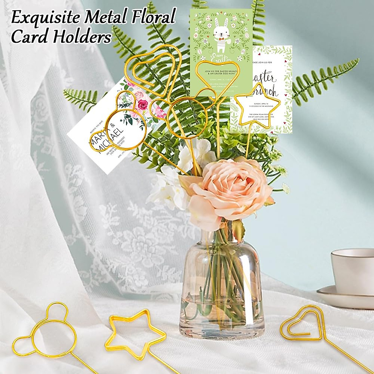 Aohcae 30 Pcs Metal Wire Floral Place Card Holder, Gold Floral Card Holder Picks Photo Picture Memo Gift Card Holder for Flower Arrangement Wedding, Birthday, Party Favor(Heart+Star+Mickey)