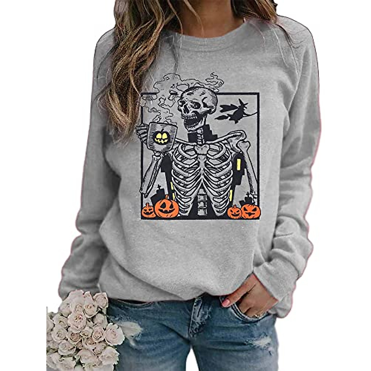 MYHALF Coffee Skeleton Sweatshirt Women Halloween Pumpkin Shirts Funny Graphic Long Sleeves Fall Sweatshirts