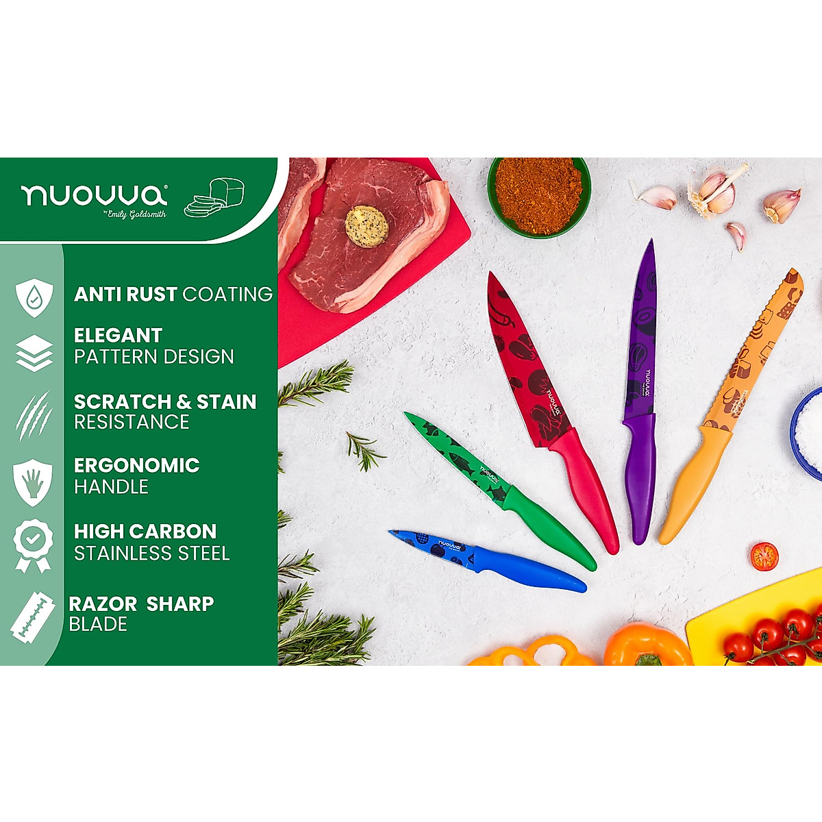 nuovva Sharp Kitchen Filleting Knives – 5pcs Copper Kitchen Knives – Black Non Stick Blades