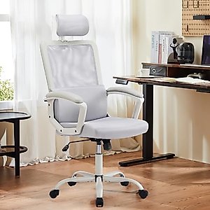 NEWBULIG Home Office Desk Ergonomic Mesh High Back Computer Height Adjustable Swivel Task Chair with Headrest and Flip-up Armrests, Grey, 16.5" D x 21" W x 47" H