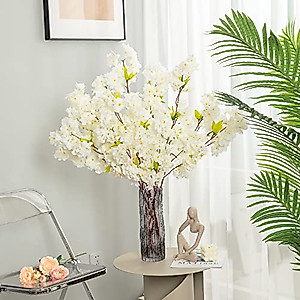 Luyue 42in Artificial Cherry Blossom White Flowers 6 Pack Silk Cherry Blossoms Branches Fake Sakura Flower Trees Decor for Wedding Decoration Home Office