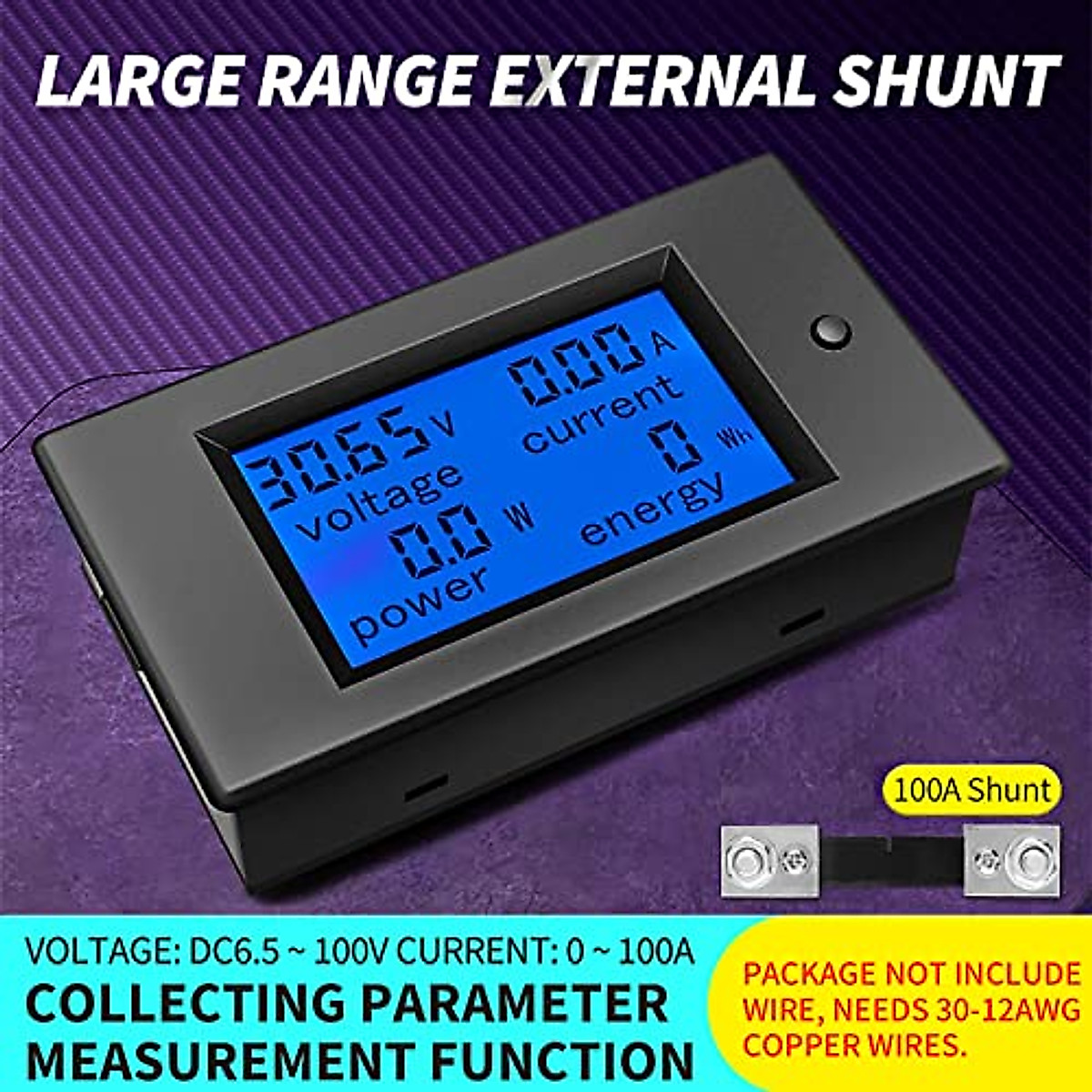 DC Multifunction Battery Monitor Meter, 6.5-100V, 0-100A (Widely Applied to 12V/24V/48V RV/Car Battery) LCD Display Digital Current Voltage Solar Power Meter Multimeter Voltmeter Ammeter