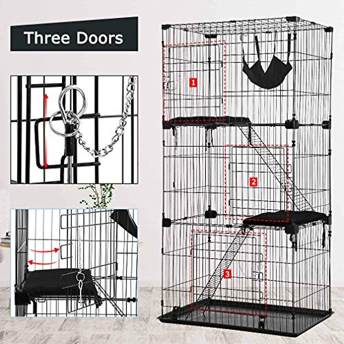 BestPet 3-Tier 67 Inch Cat Cage Enclosure Cat Crate Ferret Cage Cat Kennel Cat Playpen with Free Hammock 3 Cat Bed 3 Front Doors 2 Ramp Ladders Perching Shelves
