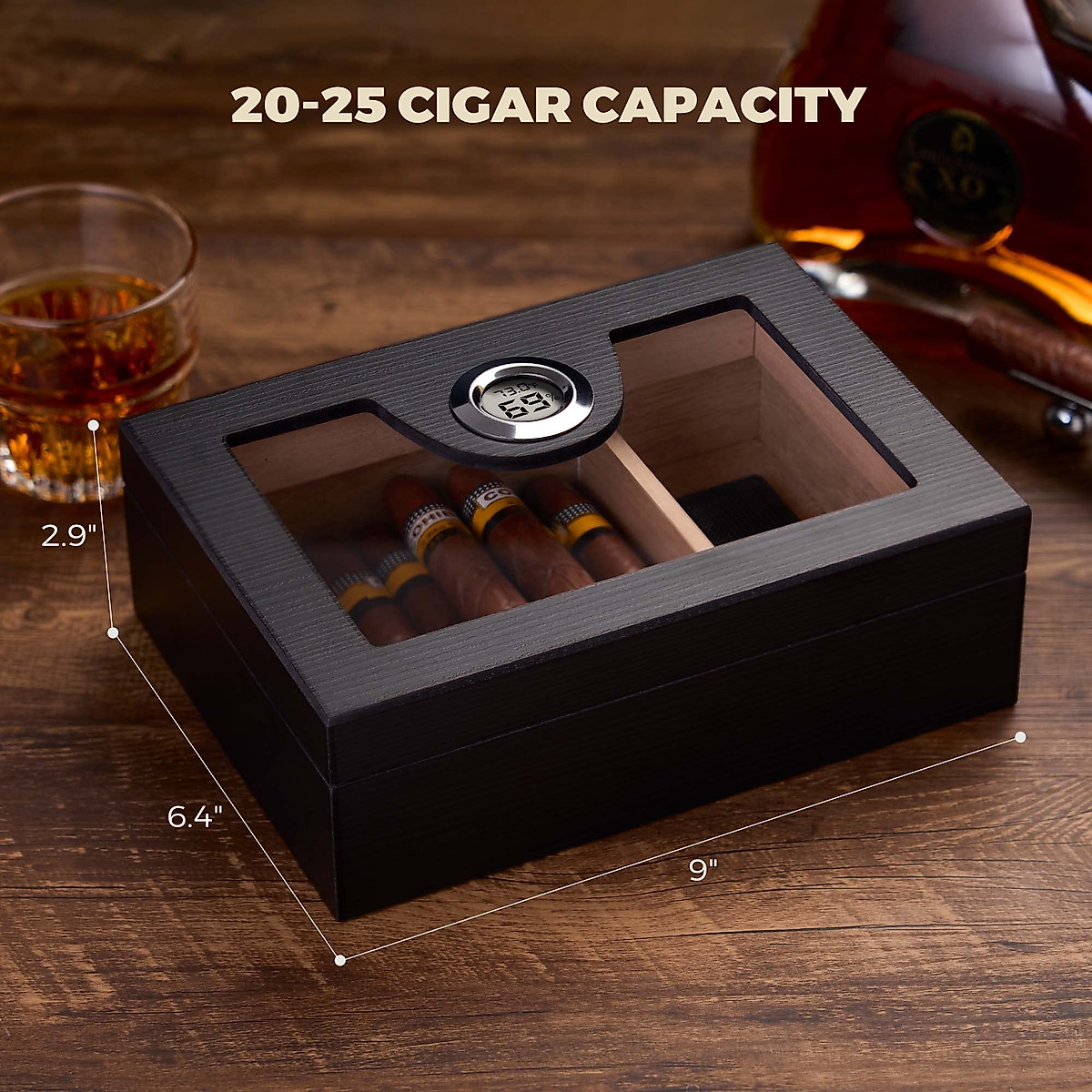 CINOROW Cigar Humidor Box with Lighter and Cutter, Digital Hygrometer and Humidifier, Ashtray, Spanish Cedar Lining and Divider for 25 Cigars, Cigar Accessories Gifts for Men