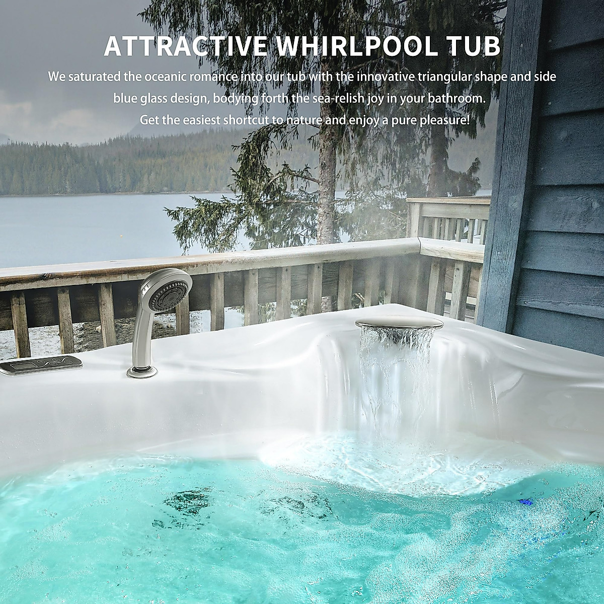 Empava Corner Whirlpool Bathtub with Heater,2 Person Jetted Tub with Light,Spa Hydromassage with Chromatherapy,Acrylic,59 in