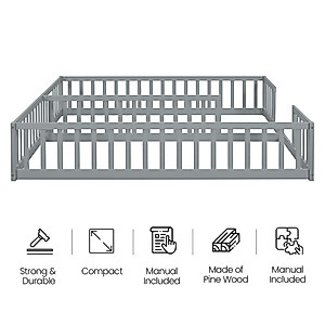 Luckiofvonne Floor Bed for 2 Kids, Montessori Bed Frame with Fence Railings, Wooden Double Twin Bed for Two Boys Girls, Box Spring Needed, Gray