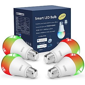 Smart Light Bulbs,Color Changing Light Bulbs That Work with Alexa and Google Assistant,2.4GHz WiFi & Bluetooth Music Sync Multicolor LED Bulbs,7W(60W Eqv.) E26 A19 for Smart Home Lighting-4PACK