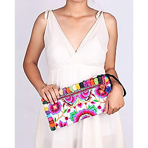 changnoi Handmade Clutch Bag with Hmong Tribes Embroidery (Silkworm White, Multi Pom)