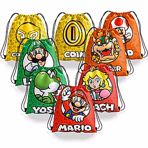 YOPENMOUNE 12 Pieces Mario Candy Drawstring Bag Drawstring Goodie Favor Bags for Boys and Girls Cartoon Birthday Party Decorations
