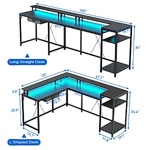 Jojoka L Shaped Gaming Desk,68" Computer Desk with Power Outlets & LED Lights, Home Office Desk with File Drawer, Corner Desk with Monitor Shelf and Hook, Two Person Desk (Black)