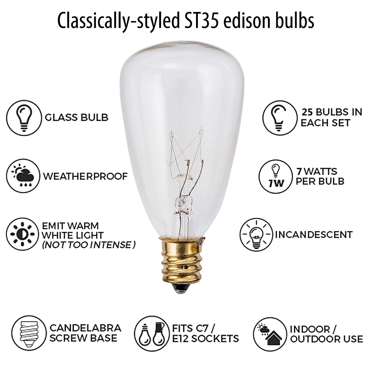 ZHONGXIN 25 Pack - Clear Incandescent ST35 Bulbs Warm White for Patio String Lights Fits E12 and C7 Base 7 Watt, for ST35 and G40 Replacement Bulbs for Patio Lights