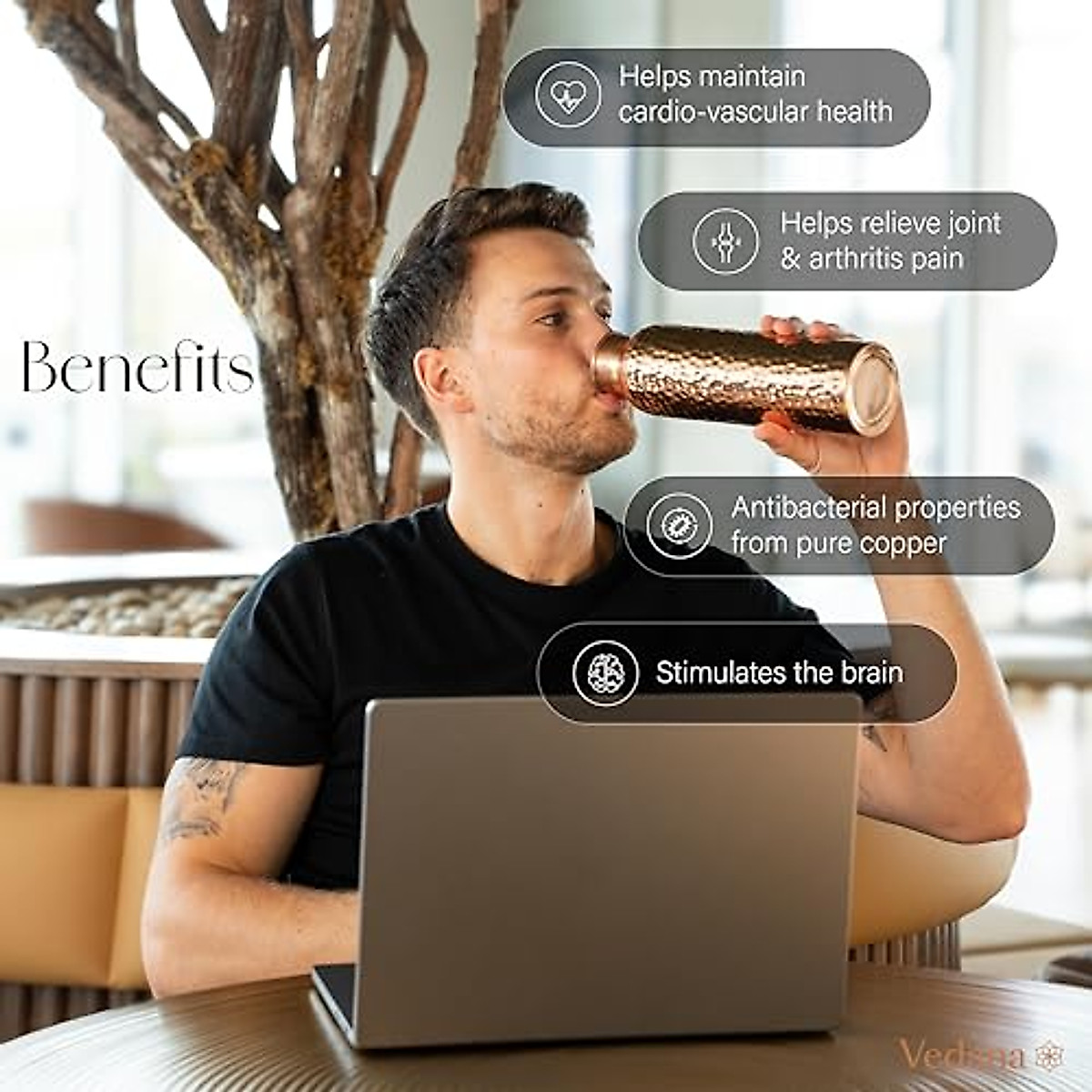 VEDANA Premium Hammered Ayurvedic Pure Copper Water Bottle | Leak Proof 1 Liter Copper Vessel for Drinking Water | Great Water Bottle for Sports, Yoga & Everyday Use