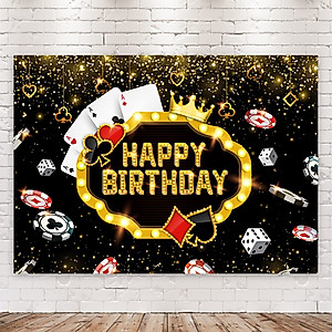 Riyidecor Casino Happy Birthday Backdrop Las Vegas Game Night Theme Poker Cards Dice 7Wx5H Feet Polyester Fabric Golden Glitter Dots Photography Background Party Table Decor Banner Studio Photo Shoot