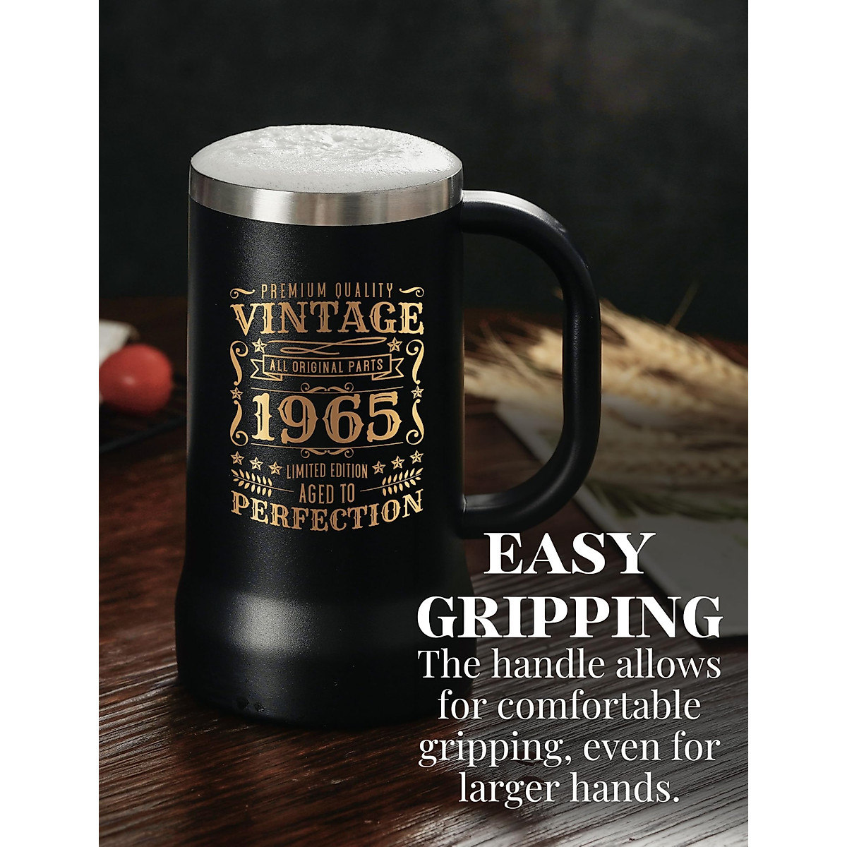 Onebttl 60th Birthday Gifts for Men, Dads, Grandfathers, Granddads, Husband, Uncles, Vintage 1965 Birthday Beer Stein, 24oz Stainless Steel Travel Mug, Black