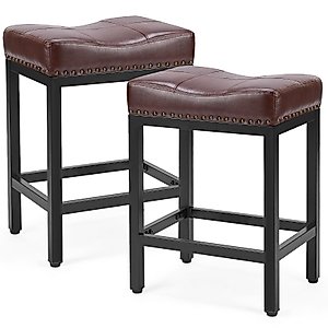 Sweetcrispy Bar Stools Set of 2， 24 inch Counter Height Bar Stools, Upholstered Modern Kitchen Barstools with Metal Base, PU Leather Saddle Stools for Kitchen Island, Brown