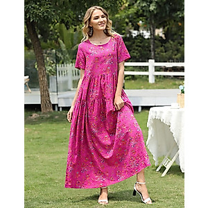 YESNO Women Casual Loose Bohemian Floral Dress with Pockets Short Sleeve Long Maxi Summer Beach Swing Dress L EJF CR26 Pink