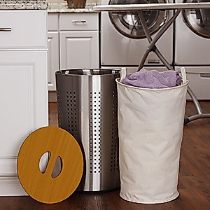 Household Essentials 7081-1 Round Metal Laundry Hamper - Removable Liner Bag and Wood Lid - Stainless Steel