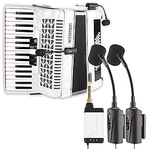 MAMKOES Accordion Wireless Microphone with 2 Transmitter Q2/AT-5A Piano Accordion Pickup with Gooseneck Mic Wireless Receiver & 2 Transmitter Microphone System Designed for Accordion