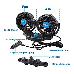 KWYZ 12 Volt Car Fan for Back Seat Passenger, Portable Car Seat Fan Headrest 360° Rotatable Backseat Cooling Air Fan with 2 USB Charging Port & Cigarette Lighter Plug for Vehicles, SUV, RV, Boat