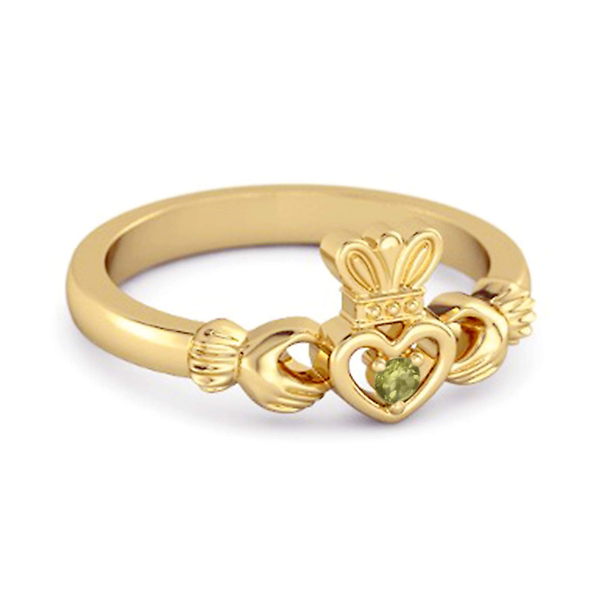 MOONEYE Multi Choice Your Gemstone Petite Claddagh 0.02 Ctw 925 Sterling Silver Yellow Gold Plated Crown Ring (7, peridot)
