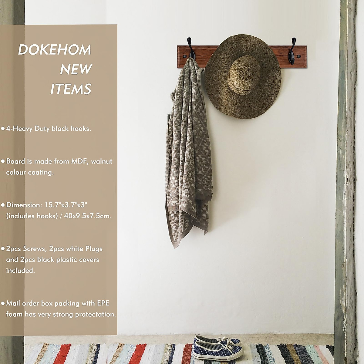 DOKEHOM [2 Pack 4-Black Hooks on Walnut Color Board Wall Mounted Coat Hook Rack Hanger