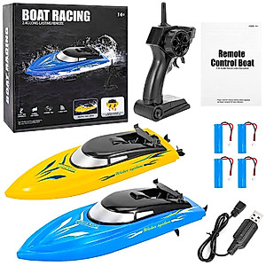 2 Pack RC Boat Remote Control Boats for Pools and Lakes for Kids and Adults, 10 kmH 2.4 GHz RC Boat for Boys 4-7 8-12 Years with 4 Rechargeable Batteries