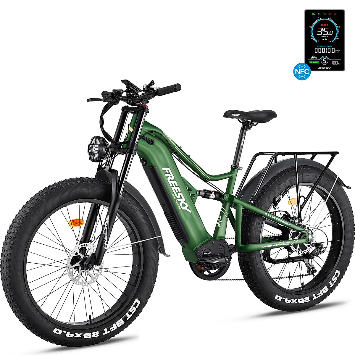 FREESKY 2024 Upgraded Electric Bike 𝟏𝟖𝟎𝟎𝐖, 48V 25Ah Battery Ebike for Adults, 26" Fat Tire Electric Bicycle 35MPH Full Suspension Mountain Beach E Bike, Up to 105 Miles Range