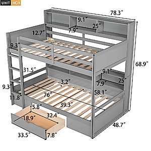 SOFTSEA Twin Over Twin Bunk Bed with Storage Shelves and Drawers, Solid Wood Bunk Bed Frame with Guardrails and Built-in Ladder for Kids, Twin Size Bunk Bed for Bedroom, Gray