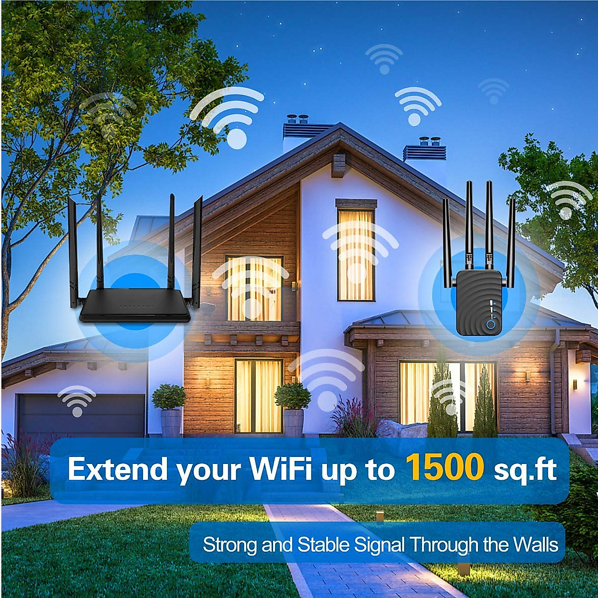 Wireless Signal Booster up to 1500 Sq.ft, 2.4 & 5GHz Dual Band Amplifier with Ethernet Port, 4 Antennas 360° Coverage Extend WiFi Signal to Smart Home