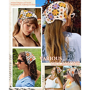 CHLINS 2 PCS Crochet Bandanas Floral Bandana Headband Tie Knitted Headscarf Hair Bandanas for Women Girls Head Kerchief (Flower (orange blue + purple yellow))