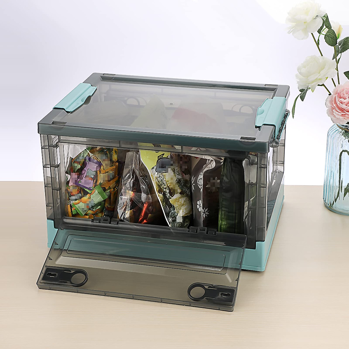 BTSKY 2 Pack Collapsible Storage Bins with Double Side Doors , 20 L Clear Plastic Folding Storage Boxes with Lid , Stackable Plastic Organization Cube Box with Wheels for Home & Office Organization,