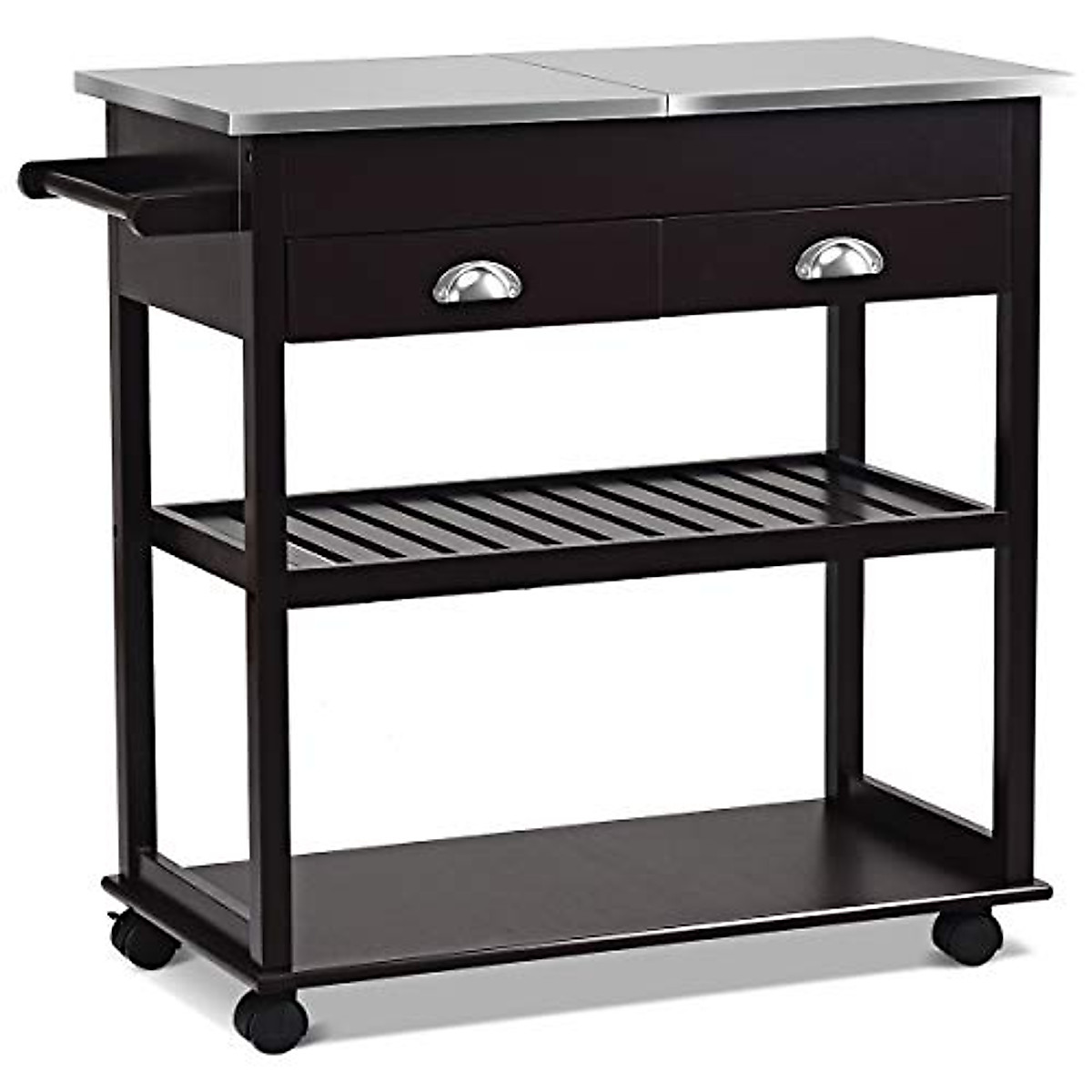 Giantex Kitchen Trolley Cart Rolling Island Cart w/Stainless Steel Flip Top Cutting Table 2 Drawers 2 Shelves Multipurpose Storage Cart Microwave Cart with Towel Rack and Casters (Brown)