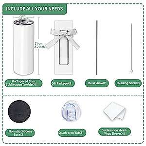 8 Pack Sublimation Tumblers bulk 20 oz Skinny,Stainless Steel Double Wall Insulated Straight Sublimation Tumbler Cups Blank White with Lid, Straw, Individually Boxed,Polymer Coating for Heat Transfer