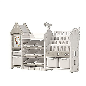 UNICOO - Kids Toy Storage Organizer and Children Bookshelf, with 14 Bins, Pull-Out Drawers Multipurpose Shelf for Toddlers to Organize Toys and Books (Magic Castle – White)