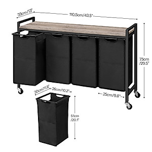 HOOBRO Laundry Sorter 4 Sections, Laundry Hamper with Wheels, 4 × 10.5 Gal (39.8L), Rolling Laundry Basket, Pull-Out and Removable Oxford Fabric Laundry Bags, Greige and Black BG04XY01