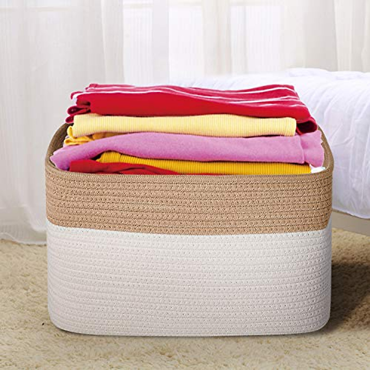 ANMINY 3PCS Woven Cotton Rope Storage Baskets with Handles Large Washable Basket Set Decorative Storage Bins Boxes Blanket Clothes Towel Laundry Organizer Containers - White/Brown