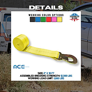Mega Cargo Control 2” x 10 FT Snap Hook Tie Down Winch Strap | Snap Hook Straps for Tow Dolly (4 - Pack)- Assembled in USA