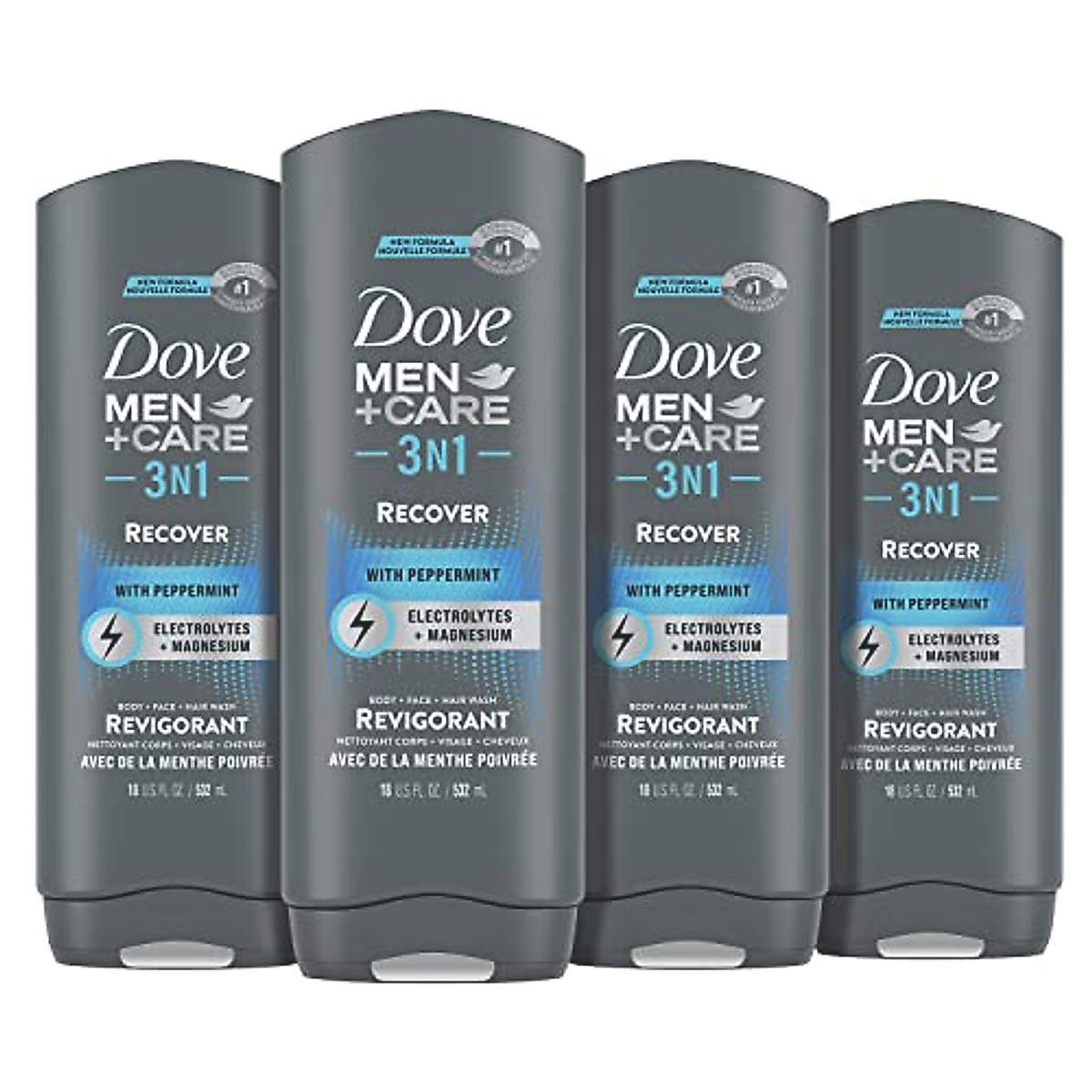 DOVE MEN + CARE Post-Workout 3-IN-1 (Body + Face + Hair Wash) With Peppermint 4 Count Infused with Electrolytes + Magnesium 18 oz