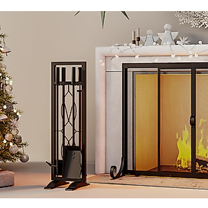 Fire Beauty Fireplace Tools Set 5 Pieces Fireside Accessories Fire Kit Stand Woodstove Tools Holder Wrought Iron Handle Indoor Fireset Stand
